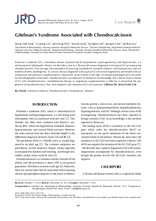 Pdf Gitelmans Syndrome Associated With Chondrocalcinosis A Case Report