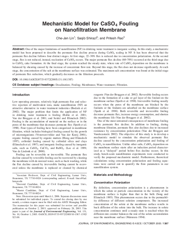 (PDF) Mechanistic Model for CaSO4 Fouling on Nanofiltration Membrane