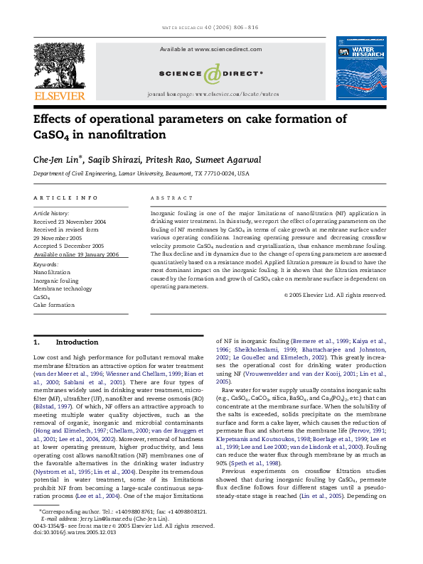 (PDF) Effects of operational parameters on cake formation of CaSO4 in nanofiltration