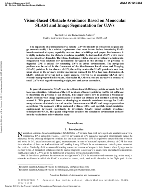 (PDF) Vision-based Obstacle Avoidance Based on Monocular SLAM and Image Segmentation for UAVs