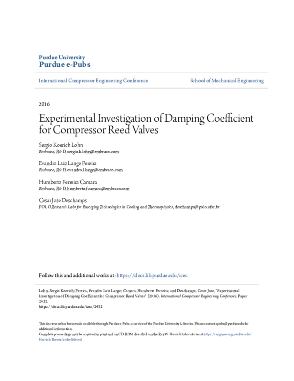 (PDF) Experimental Investigation of Damping Coefficient for Compressor Reed Valves