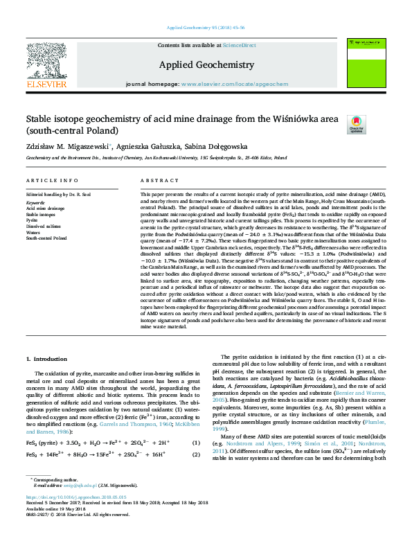 (PDF) Stable isotope geochemistry of acid mine drainage: Experimental oxidation of pyrite