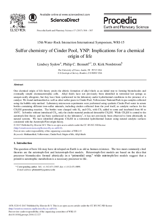 (PDF) Sulfur Chemistry of Cinder Pool, YNP: Implications for a Chemical ...