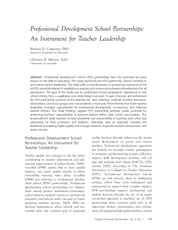 (PDF) Professional Development School Partnerships: An Instrument for ...