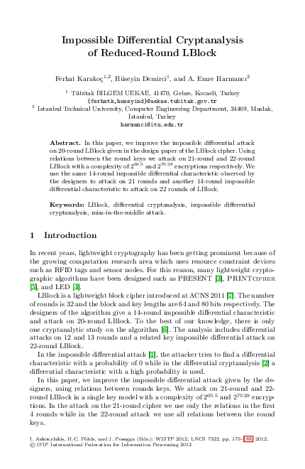 (PDF) Impossible Differential Cryptanalysis of Reduced-Round LBlock
