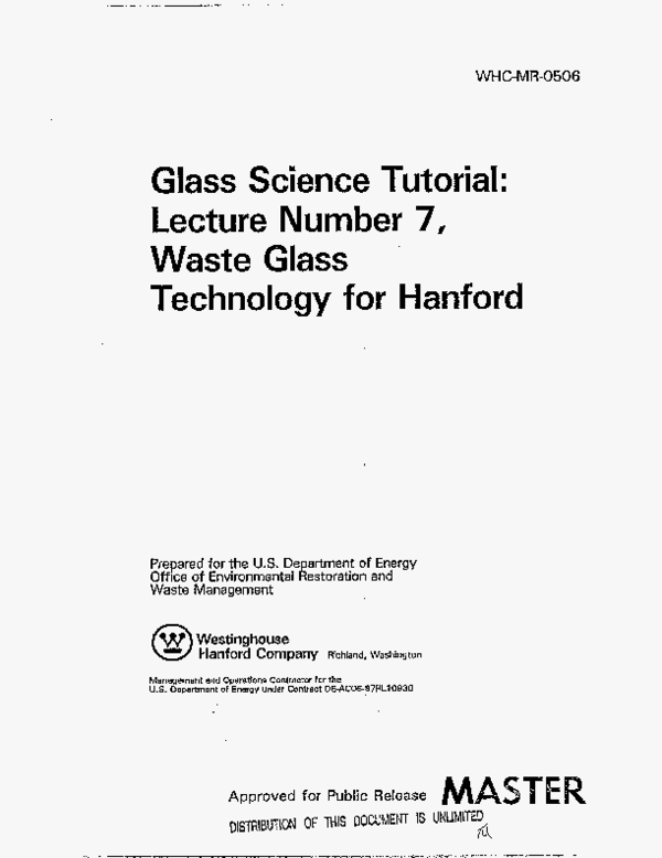 (PDF) Glass science tutorial: Lecture No. 7, Waste glass technology for Hanford