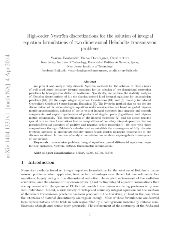 (PDF) High-order Nystrom discretizations for the solution of integral equation formulations of ...