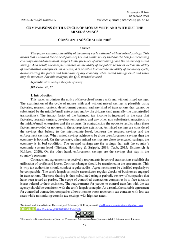 (PDF) Comparisons of the Cycle of Money With and Without the Mixed Savings