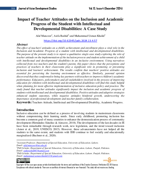 (PDF) Impact of Teacher Attitudes on the Inclusion and Academic Progress of the Student with ...