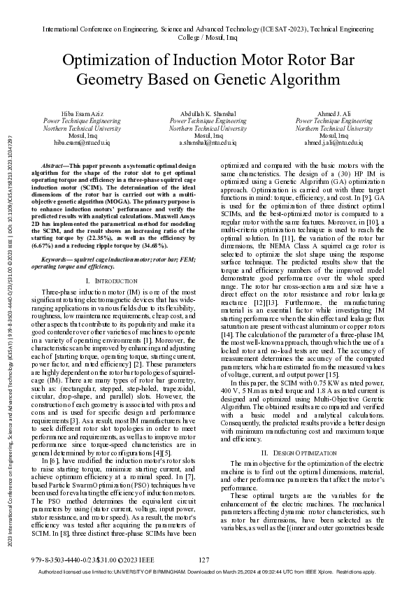 Optimization of Induction Motor Rotor Bar Geometry Based on Genetic Algorithm