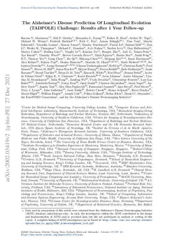 (PDF) The Alzheimer's Disease Prediction Of Longitudinal Evolution (TADPOLE) Challenge: Results ...