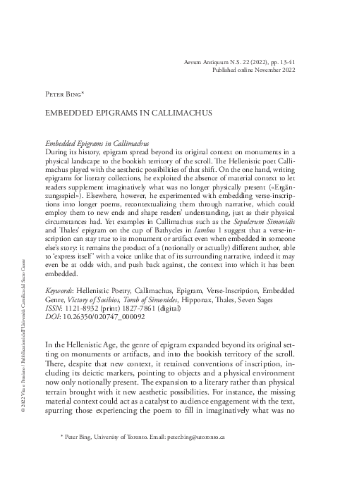 (PDF) "Embedded Epigrams In Callimachus", in S. Barbantani (ed.), Embedded Epigrams. Forum on a ...
