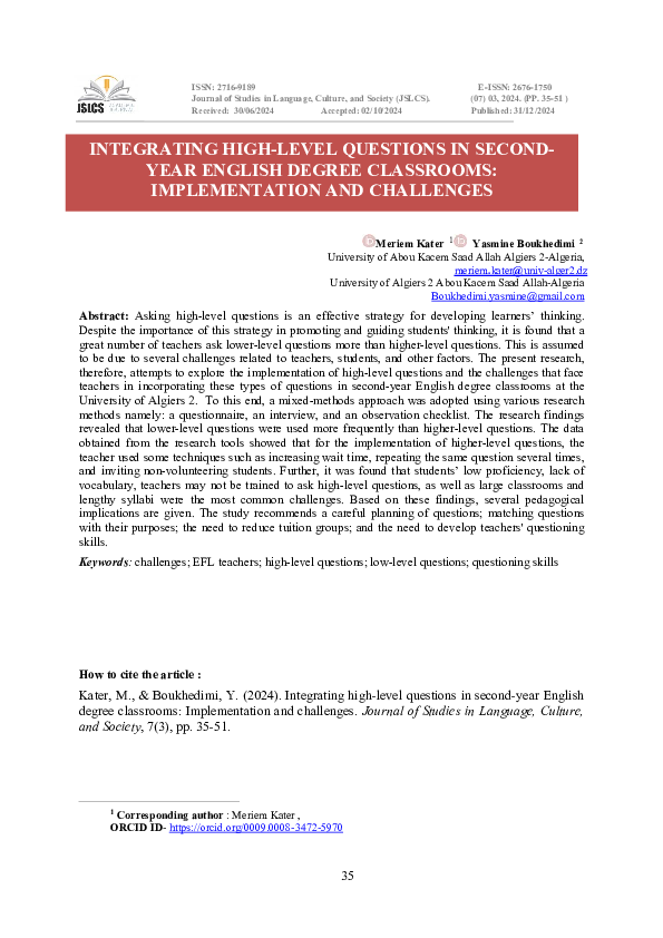 (PDF) Integrating high level questions in second year english degree ...