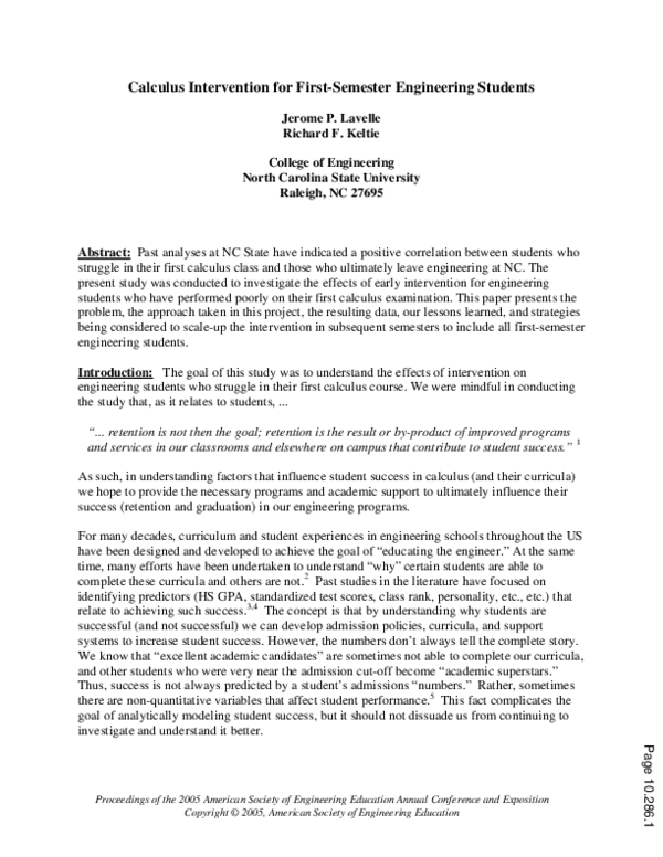 (PDF) Calculus Intervention For First Semester Engineering Students