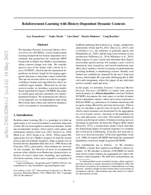 (PDF) Reinforcement Learning with History-Dependent Dynamic Contexts