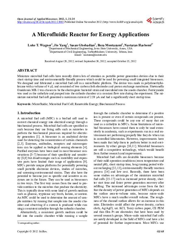 (PDF) A Microfluidic Reactor for Energy Applications