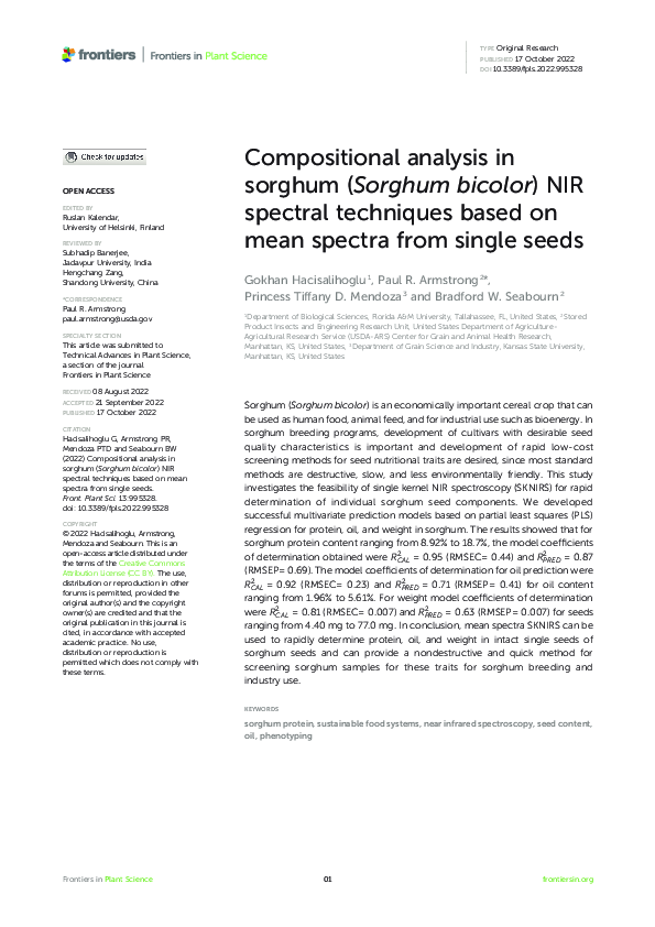(PDF) Compositional analysis in sorghum (Sorghum bicolor) NIR spectral techniques based on mean ...
