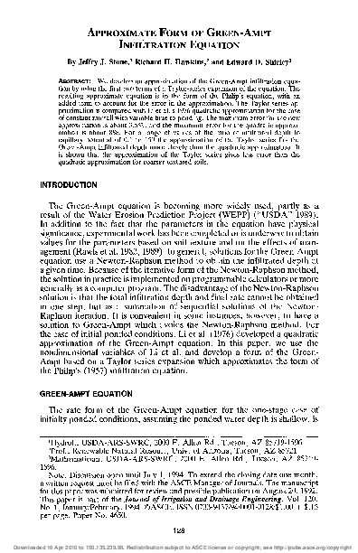 (PDF) Approximate Form of Green-Ampt Infiltration Equation