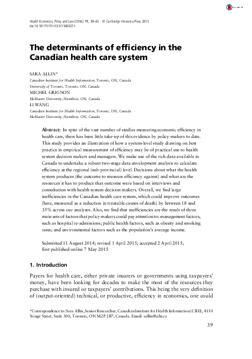 (PDF) The determinants of efficiency in the Canadian health care system