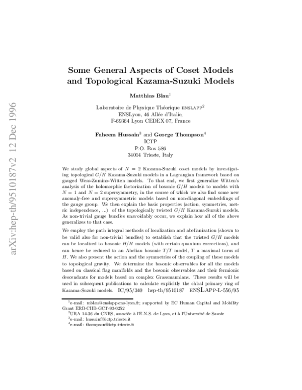 (PDF) Some general aspects of coset models and topological Kazama ...