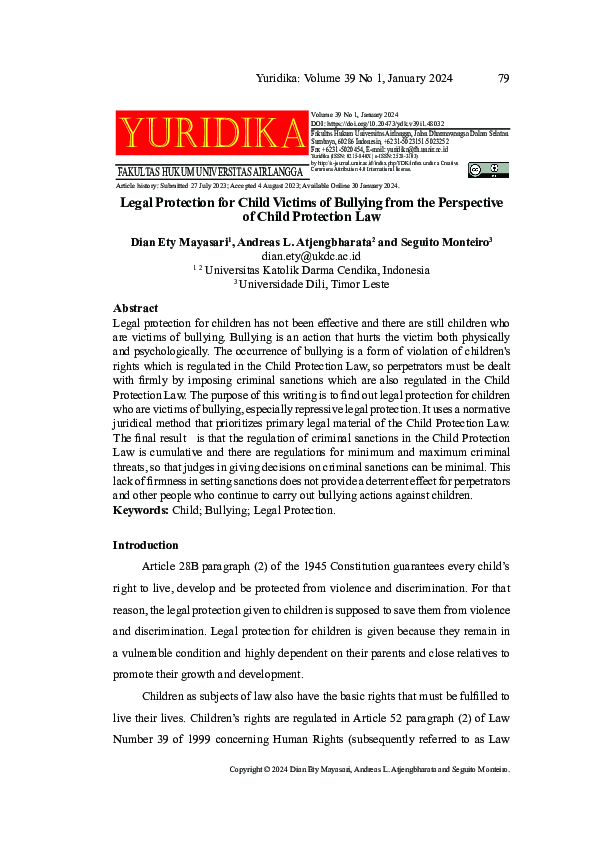 (PDF) Legal Protection for Child Victims of Bullying from the ...