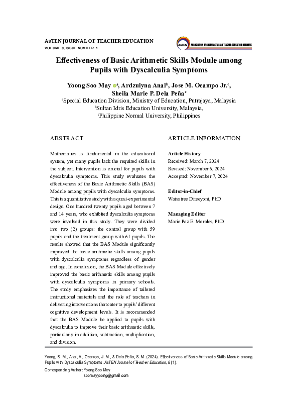 Pdf Effectivenessof Basic Arithmetic Skills Moduleamong Pupilswith