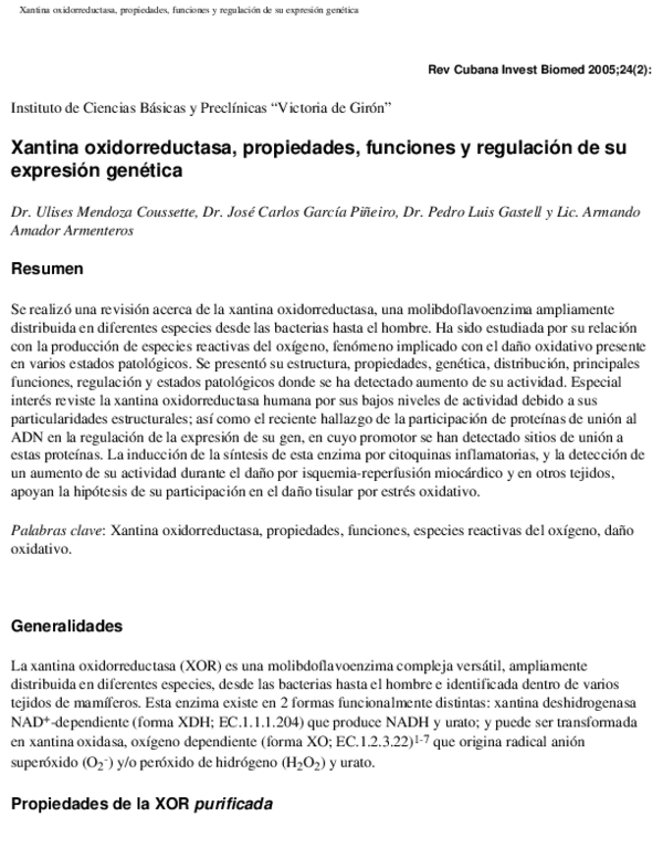(PDF) Xantina oxidorreductasa, propiedades, funciones y regulación de ...