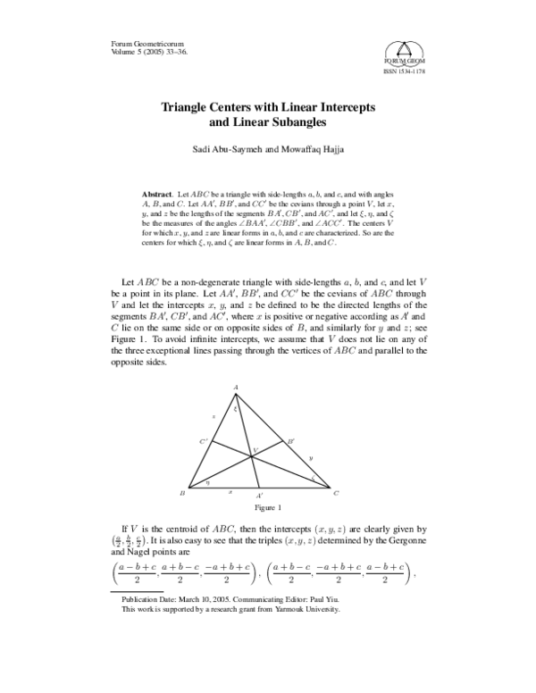 (PDF) Triangle Centers with Linear Intercepts and Linear Subangles