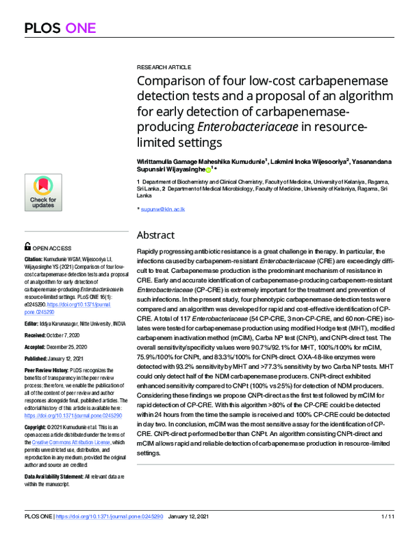 Pdf Comparison Of Four Low Cost Carbapenemase Detection Tests And A Proposal Of An Algorithm