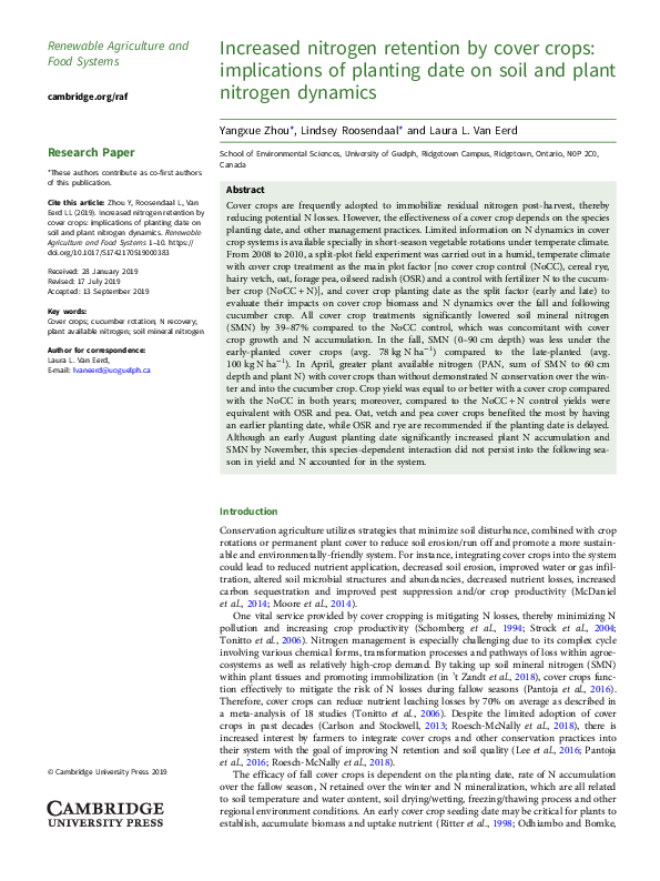 (PDF) Increased nitrogen retention by cover crops: implications of ...