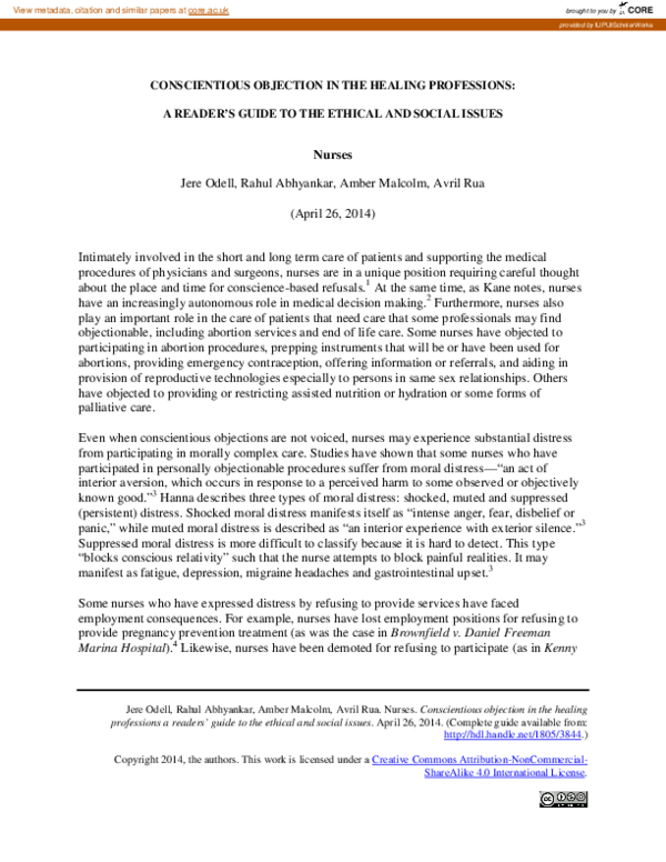 (PDF) Nurses: conscientious objection in the healing professions