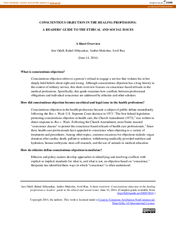 (PDF) A short overview: conscientious objection in the healing professions