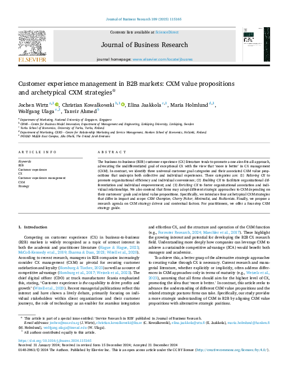 (PDF) Customer Experience Management in B2B Markets: CXM Value ...