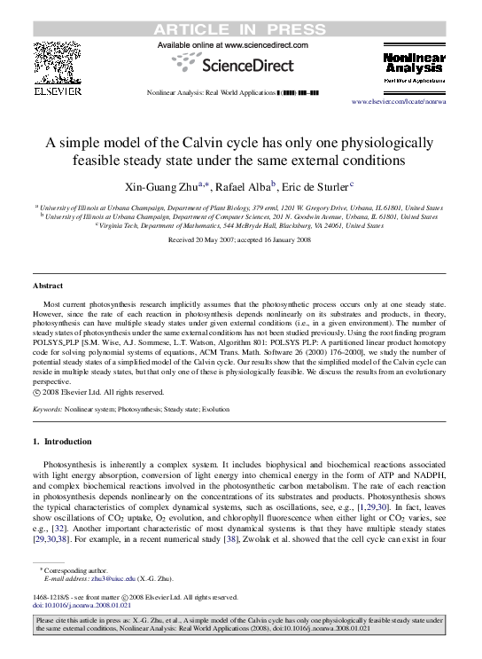 (PDF) A simple model of the Calvin cycle has only one physiologically ...