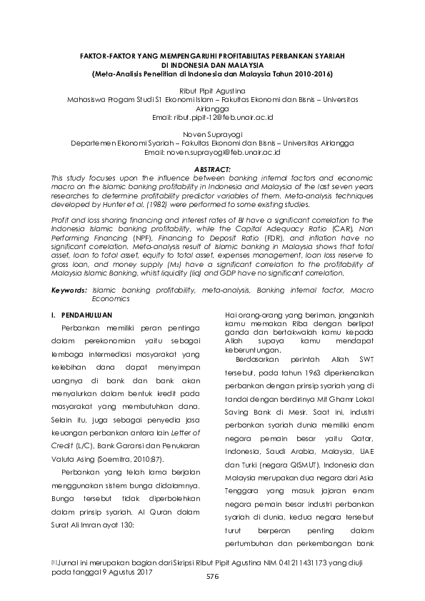 (PDF) FAKTOR-FAKTOR YANG MEMPENGARUHI PROFITABILITAS PERBANKAN SYARIAH DI INDONESIA DAN MALAYSIA ...