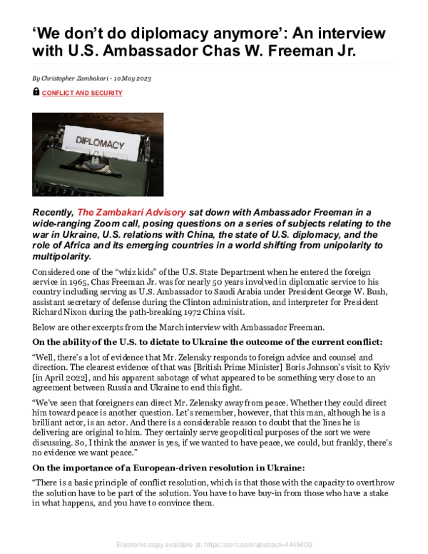 (PDF) ‘We Don’t Do Diplomacy Anymore’: An Interview with U.S ...