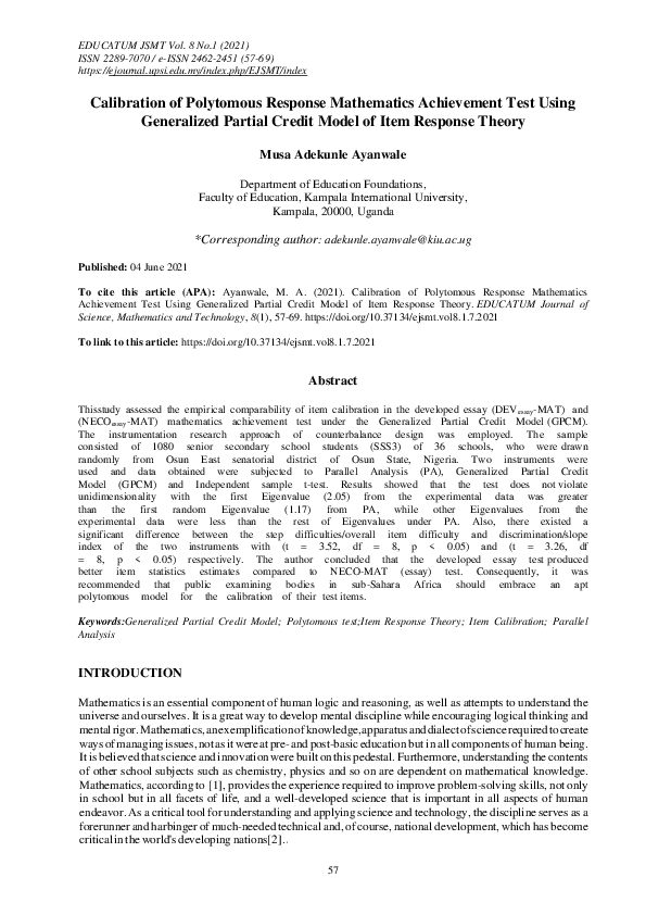 (PDF) Calibration of Polytomous Response Mathematics Achievement Test ...