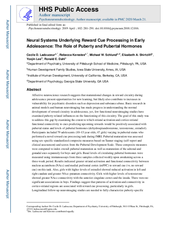 (PDF) Neural systems underlying reward cue processing in early adolescence: The role of puberty ...