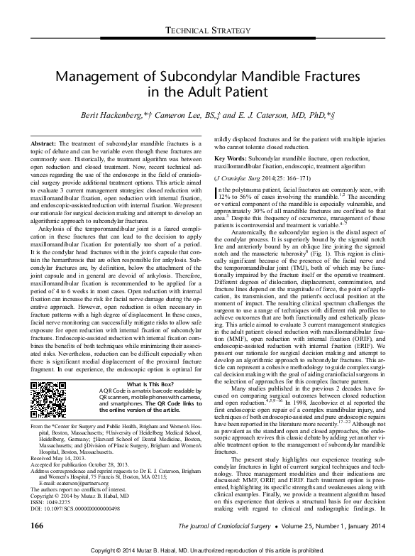 (PDF) Management of Subcondylar Mandible Fractures in the Adult Patient