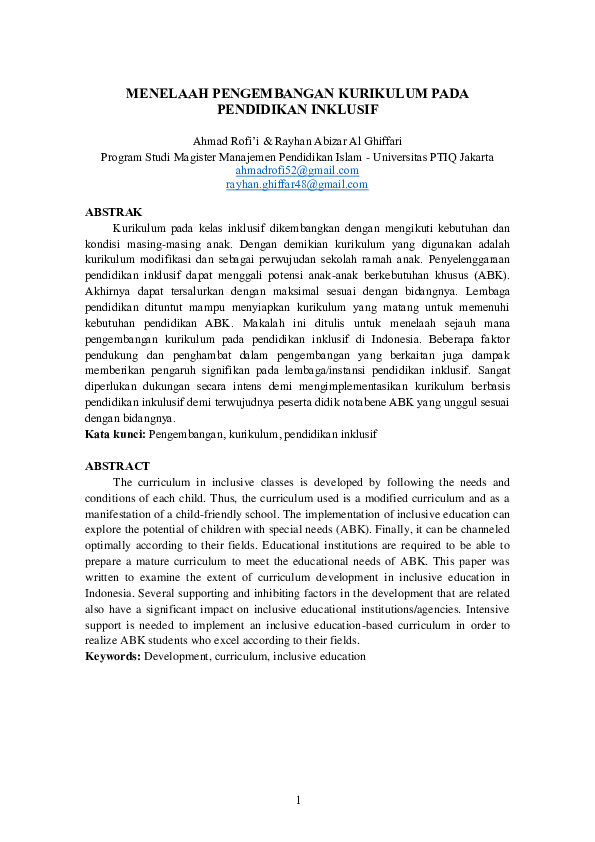 (PDF) Menelaah Pengembangan Kurikulum pada Pendidikan Inklusif