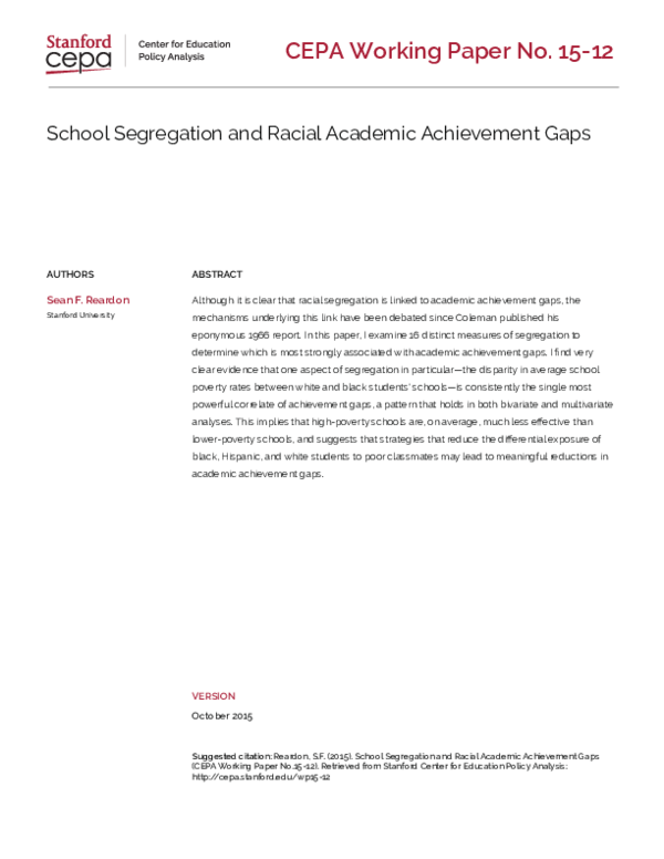 (PDF) School Segregation and Racial Academic Achievement Gaps. CEPA ...