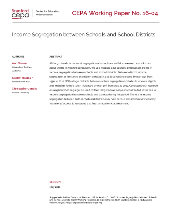 (PDF) Income Segregation between Schools and School Districts. CEPA ...