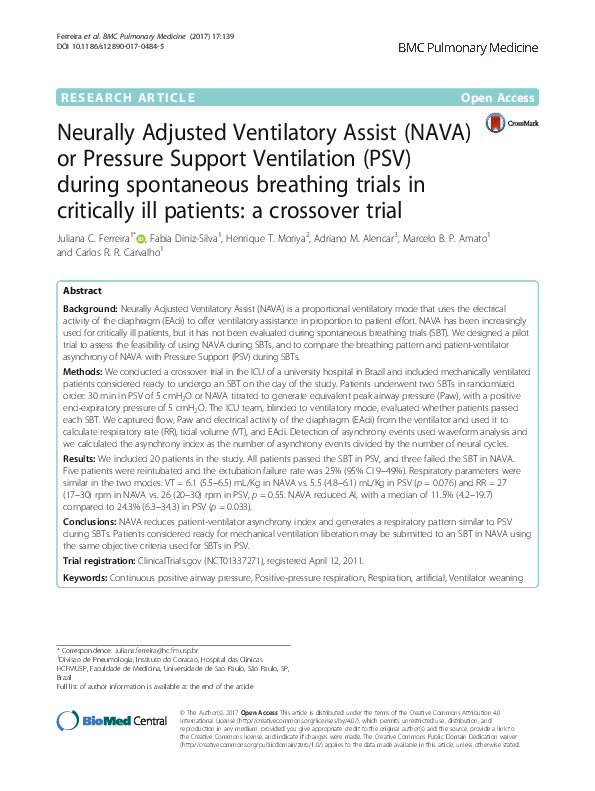 (PDF) Neurally Adjusted Ventilatory Assist (NAVA) or Pressure Support Ventilation (PSV) during ...