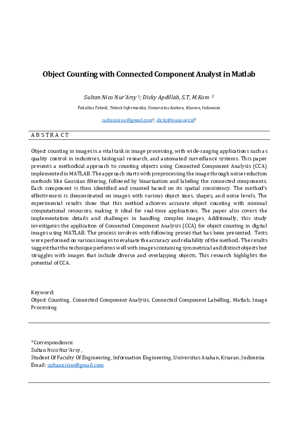 (PDF) Object Counting with Connected Component Analyst in Matlab