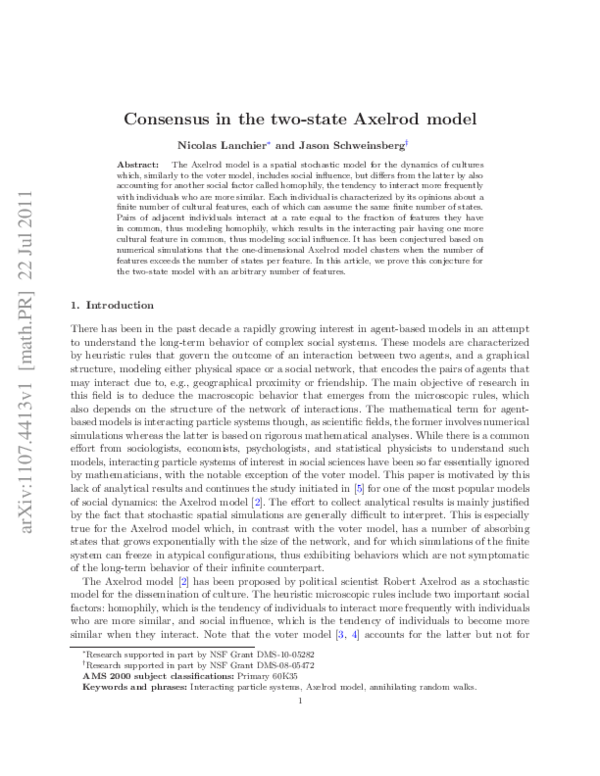 (PDF) Consensus in the two-state Axelrod model