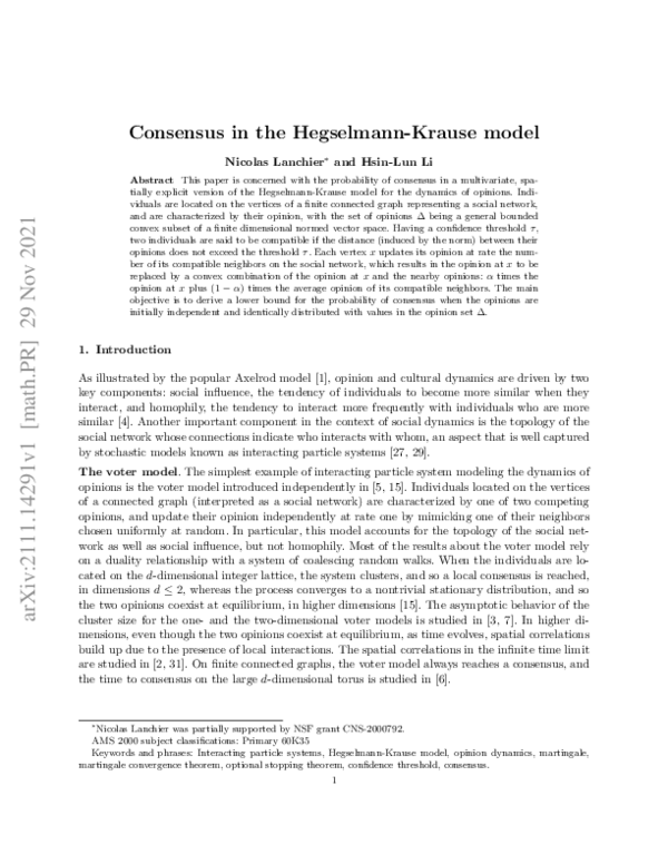 (PDF) Consensus in the Hegselmann–Krause Model