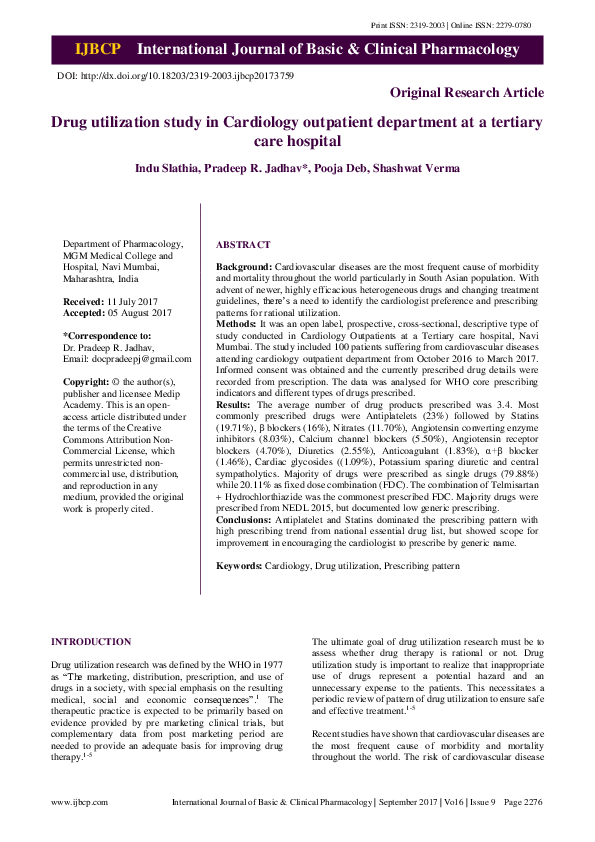 (PDF) Drug utilization study in Cardiology outpatient department at a ...