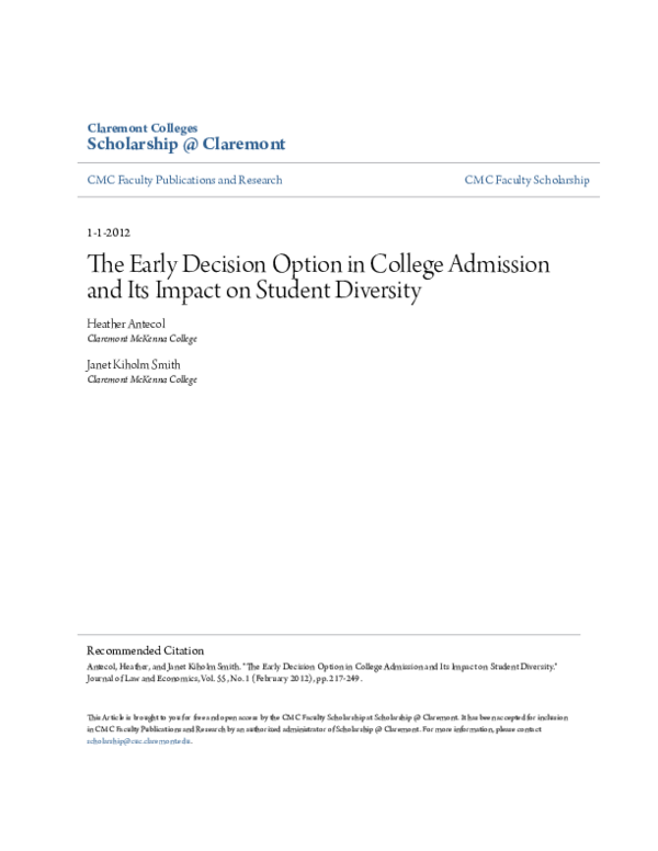 (PDF) The Early Decision Option in College Admission and its Impact on ...