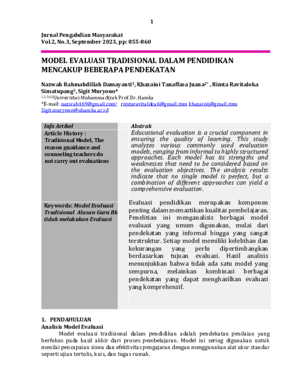 (PDF) Model evaluasi tradisional dalam pendidikan mencakup beberapa pendekatan