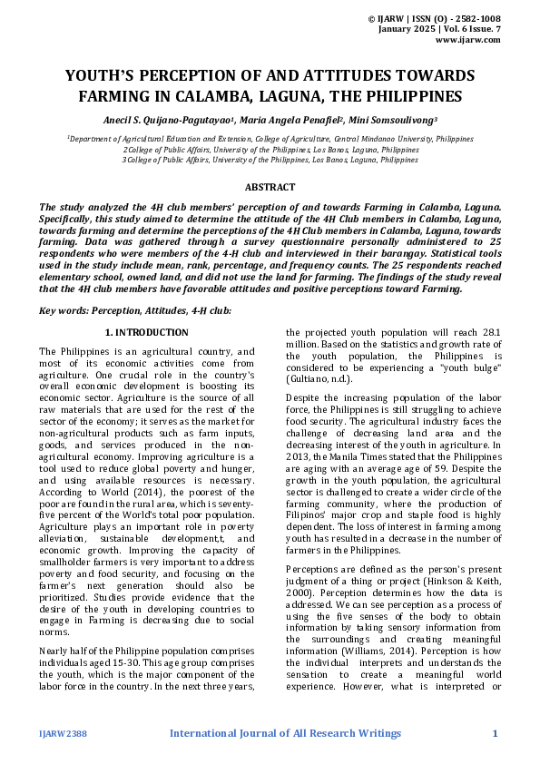 (PDF) YOUTH’S PERCEPTION OF AND ATTITUDES TOWARDS FARMING IN CALAMBA, LAGUNA, THE PHILIPPINES